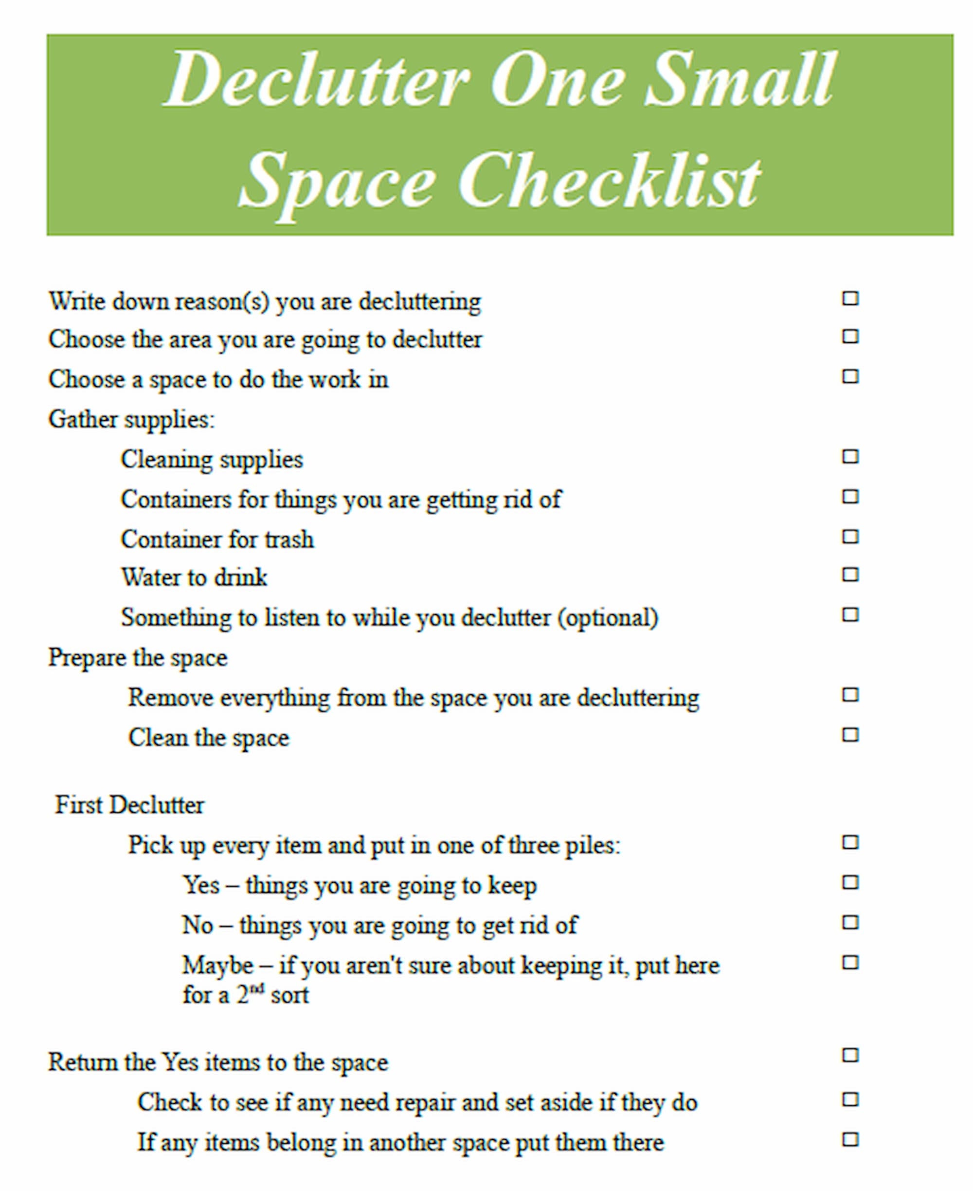 Declutter One Small Space Checklist PDF Instant Download Printable ...