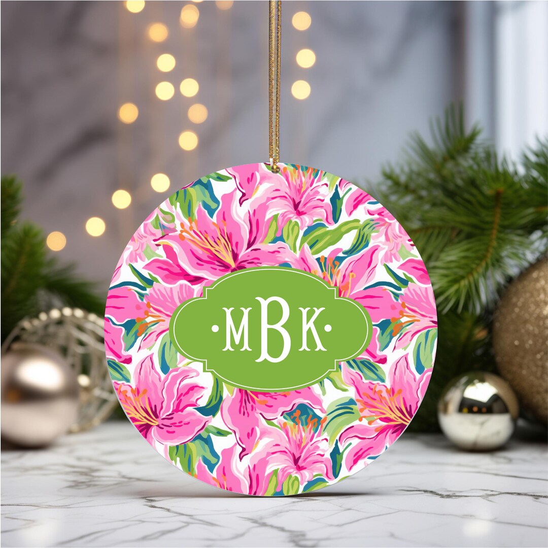Monogrammed Christmas Ornament, Pink and Green Tropical Christmas ...