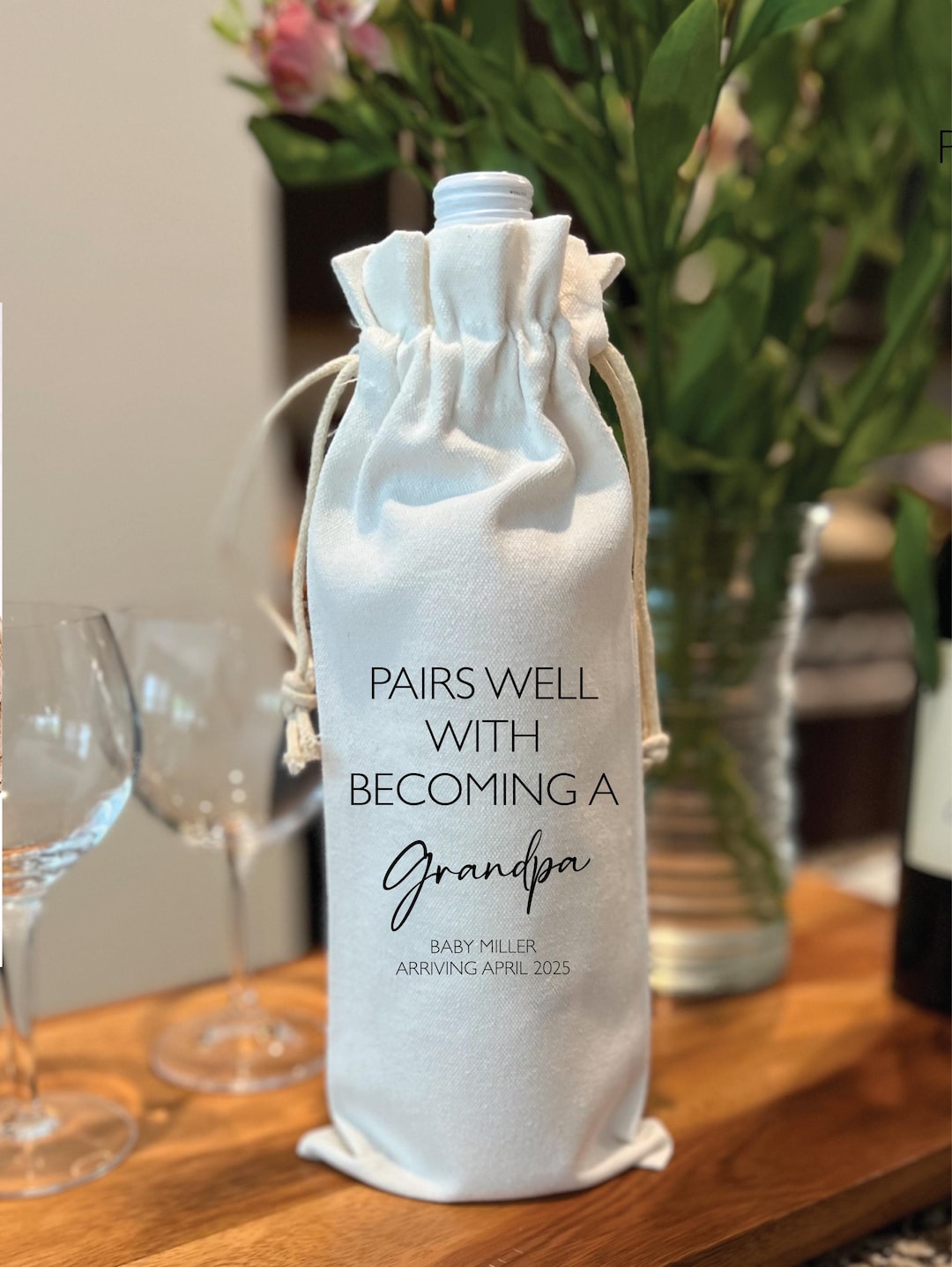 Pairs Well With Becoming a Grandpa, Custom Baby Announcement Wine Bag ...