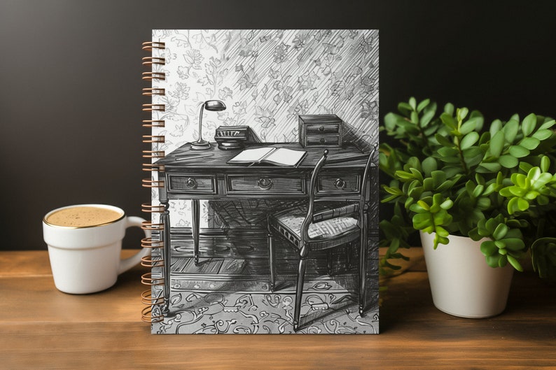 A Spiral Notebook Featuring an Intricate Ink Sketch, Illustration of a ...