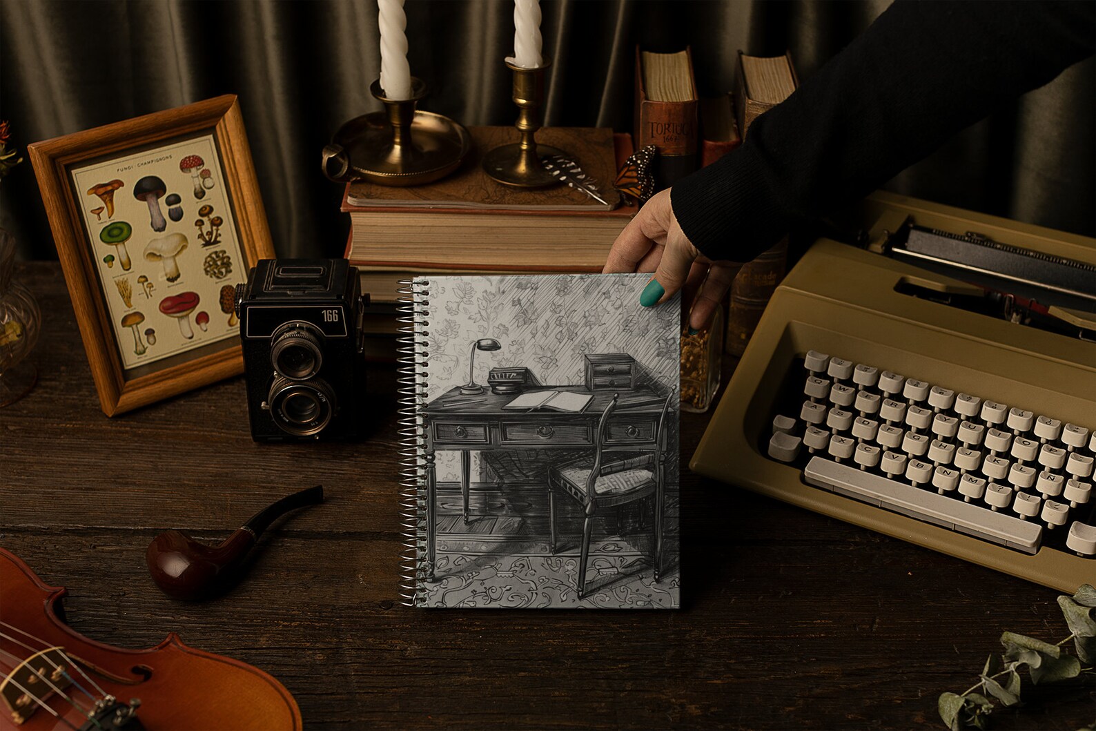 A Spiral Notebook Featuring an Intricate Ink Sketch, Illustration of a ...