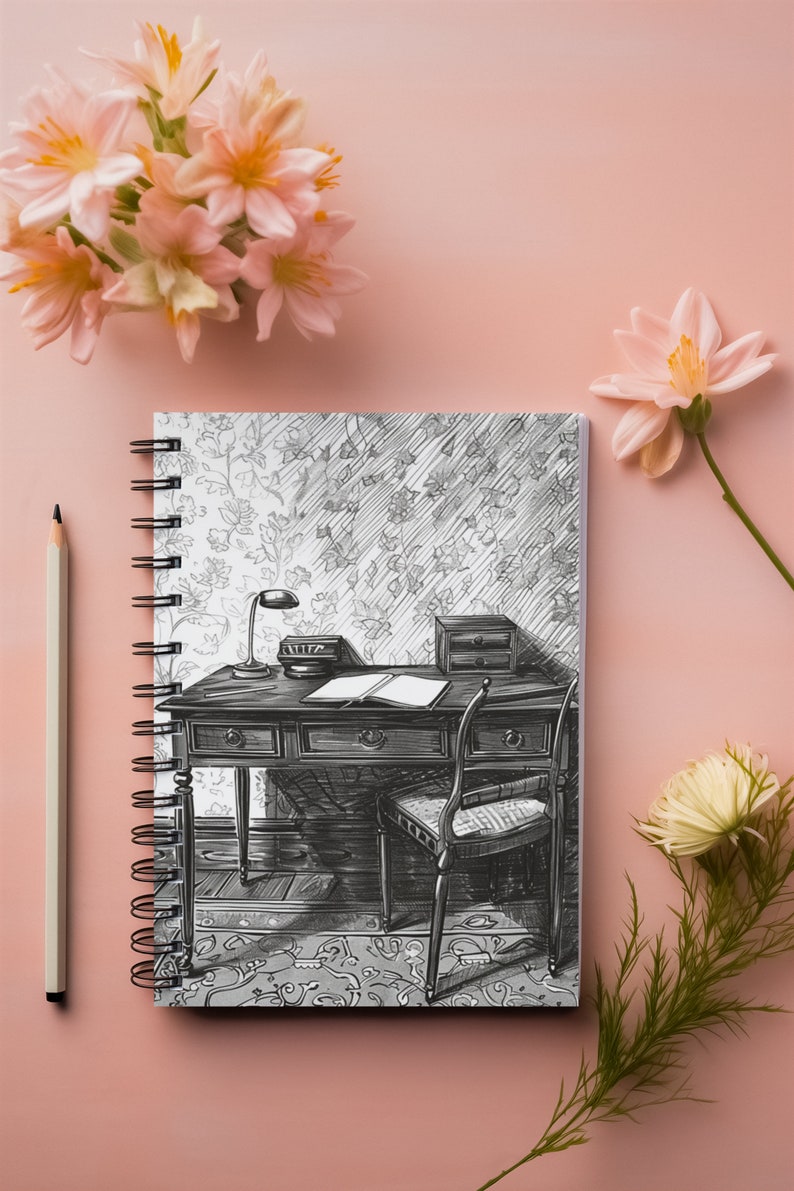 A Spiral Notebook Featuring an Intricate Ink Sketch, Illustration of a ...