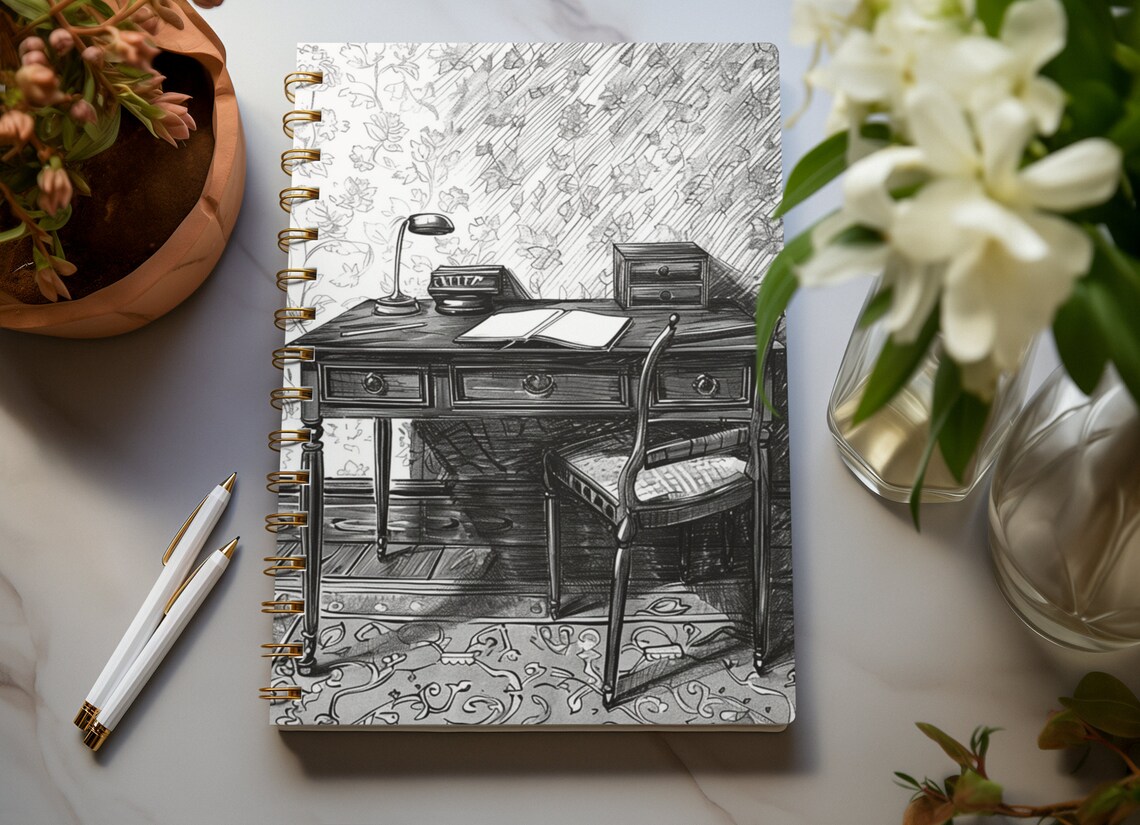 A Spiral Notebook Featuring an Intricate Ink Sketch, Illustration of a ...