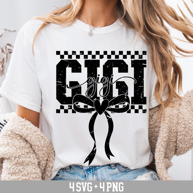 Gigi SVG PNG, Retro Distressed Checkered Bow Heart Design, Vintage Mimi ...