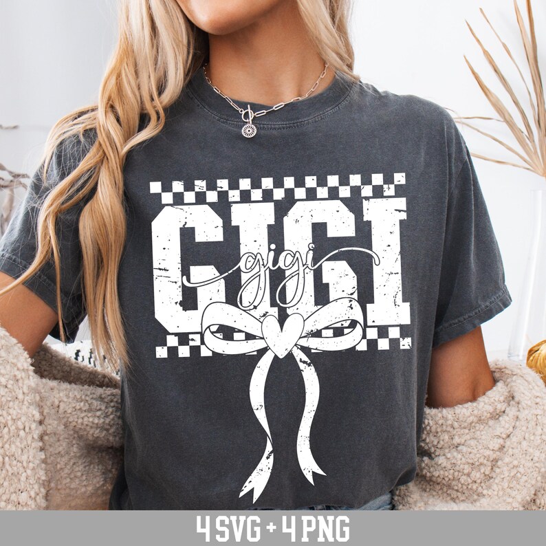 Gigi SVG PNG, Retro Distressed Checkered Bow Heart Design, Vintage Mimi ...