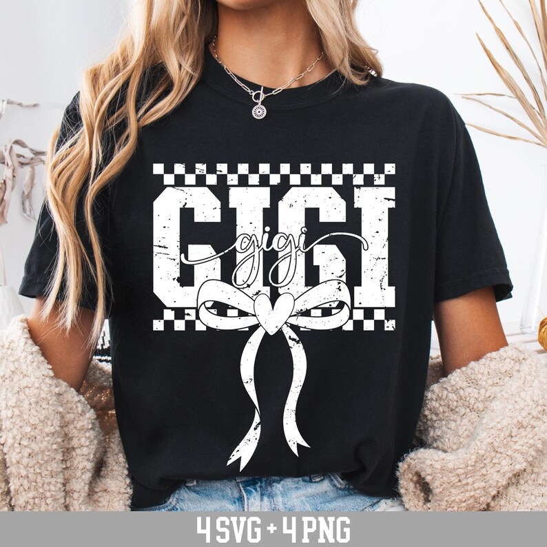 Gigi SVG PNG, Retro Distressed Checkered Bow Heart Design, Vintage Mimi ...