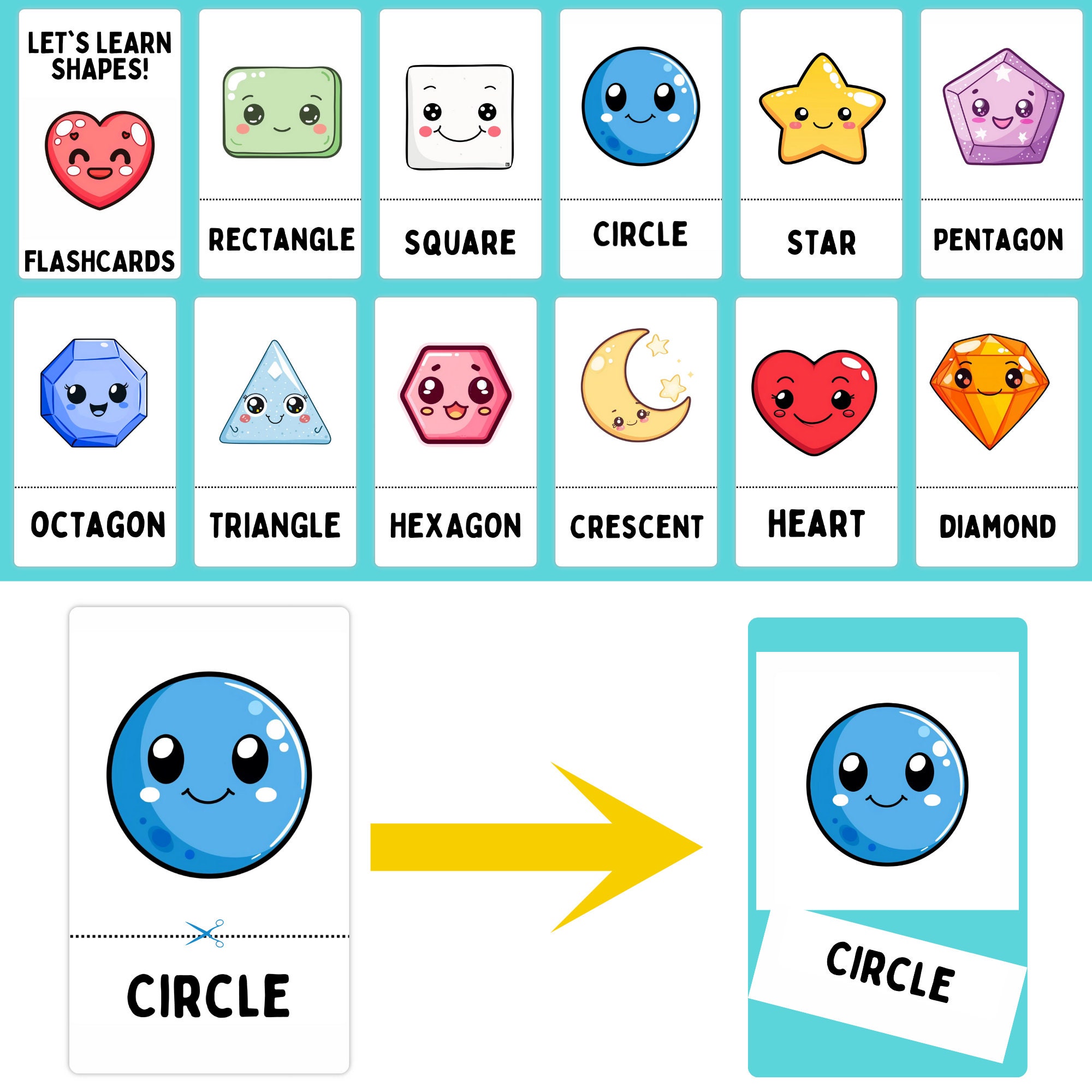 Preschool Kawaii Rainbow Shapes Flashcards Printable Educational Cards ...