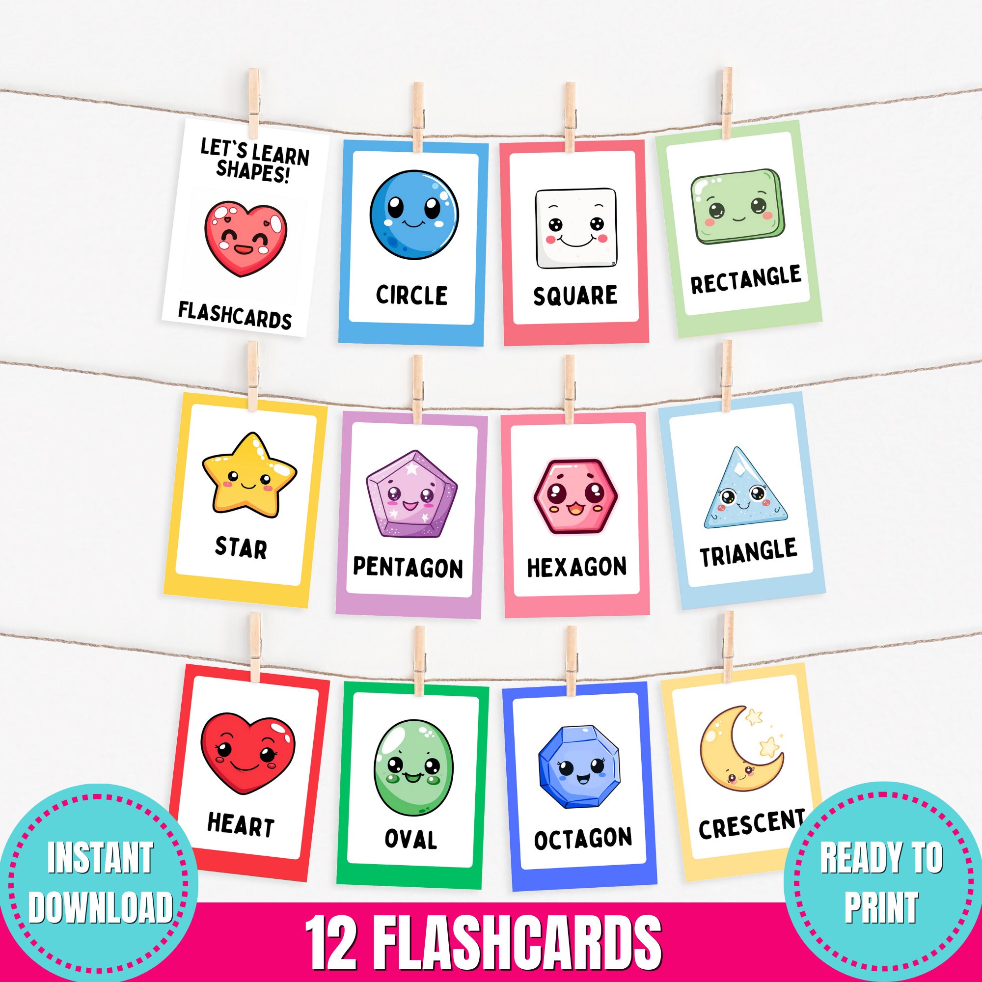 Preschool Kawaii Rainbow Shapes Flashcards Printable Educational Cards ...