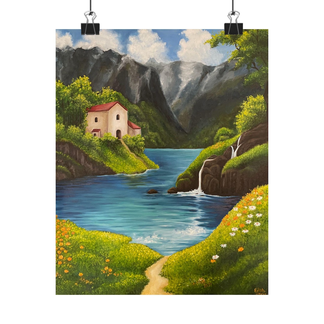 Mountain Lake Cottage Oil Painting Print, Waterfall Landscape Poster ...