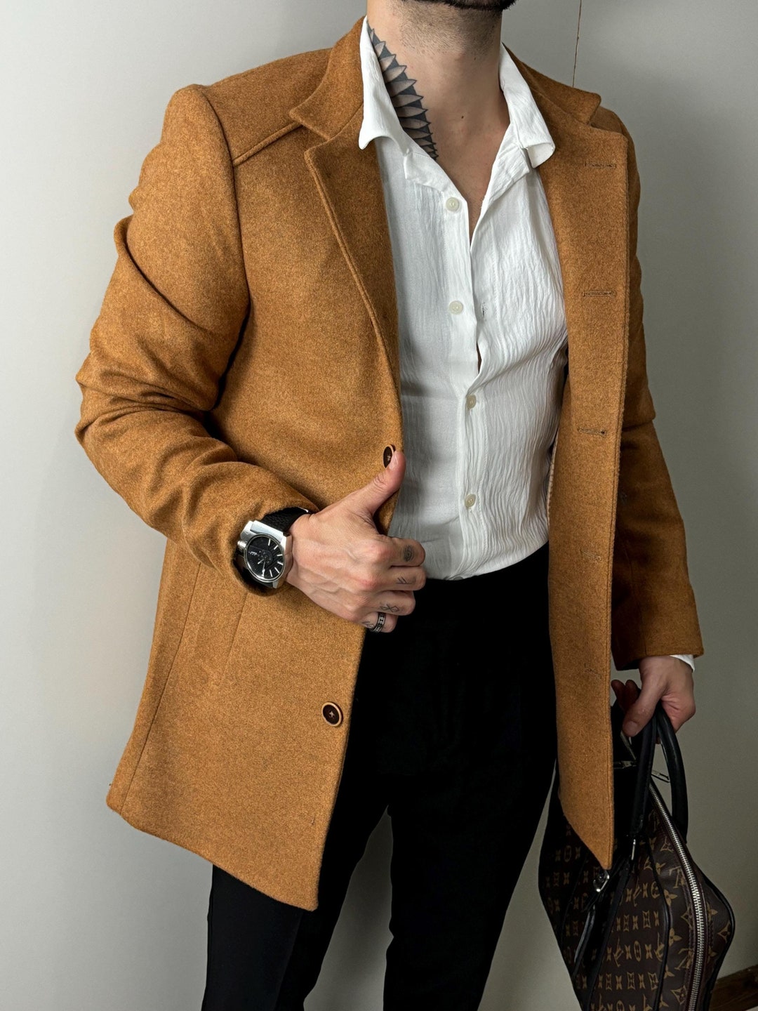 MEN Mono Collar Brown Double Breasted Coat - Etsy