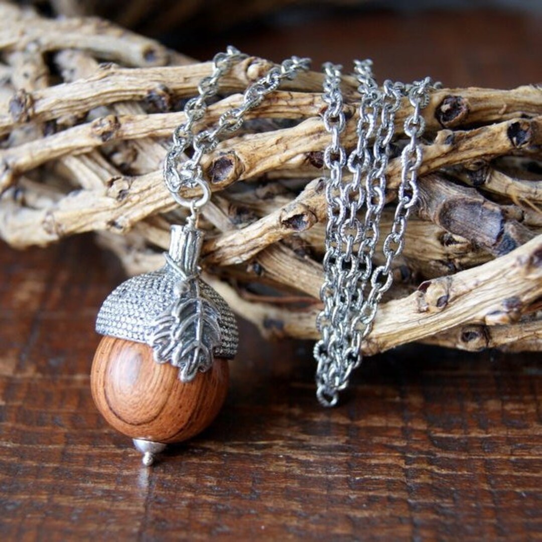 Oxidized Silver Acorn Necklace: Wooden Bead Pendant, Stainless Steel ...
