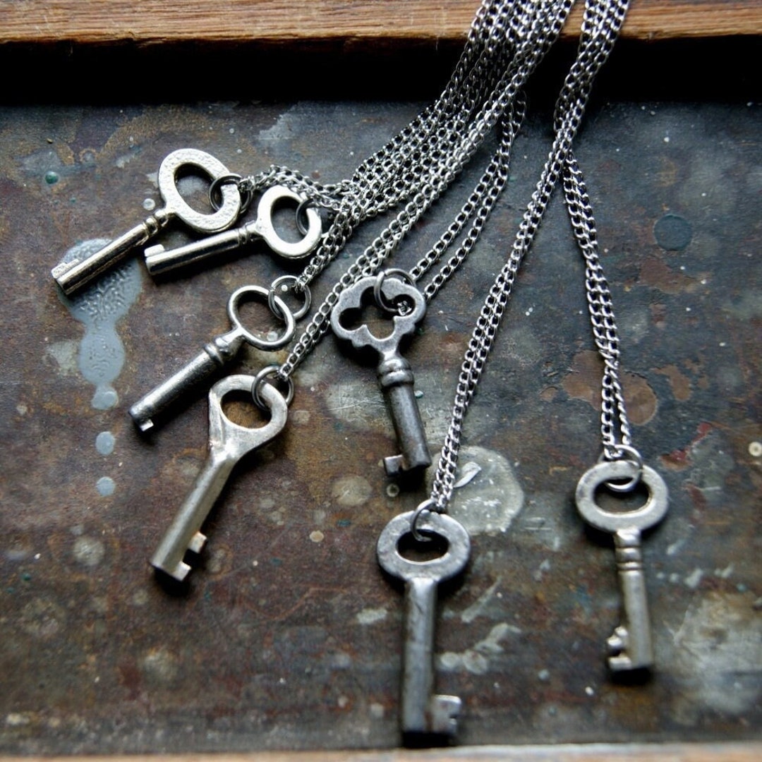 Vintage Antique Key Necklace With Vintage Stainless Steel Chain, Petite ...