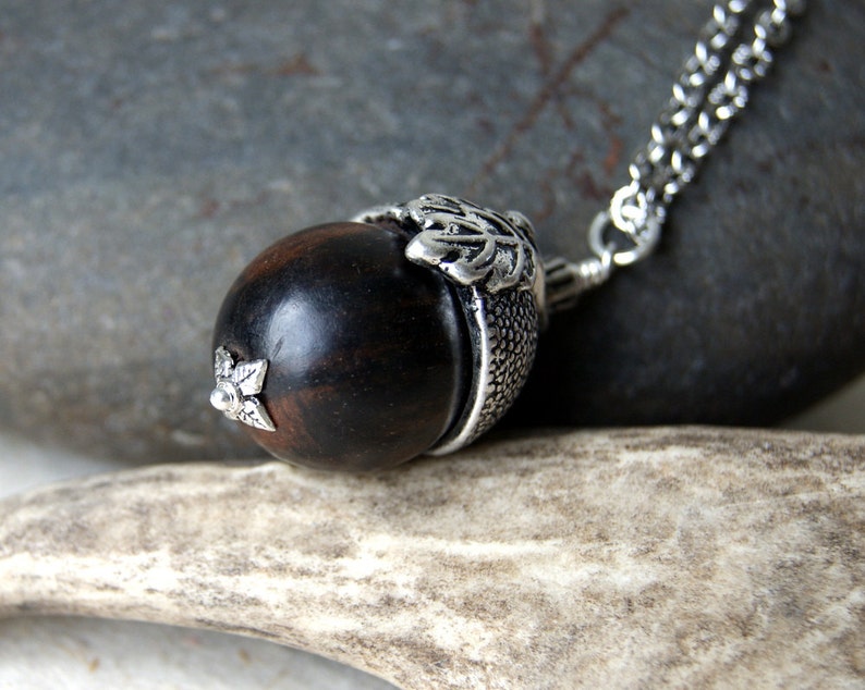 Oxidized Silver Acorn Necklace: Wooden Bead Pendant, Stainless Steel ...