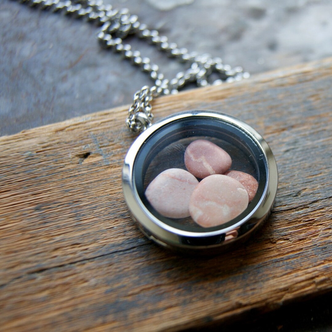 Floating Glass Locket Necklace Filled With Pink Beach Stones and ...