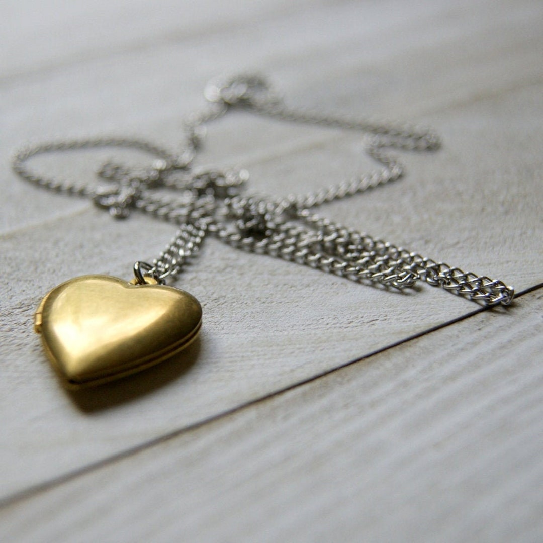 Vintage Brass Heart Locket Necklace With Vintage Stainless Steel Chain ...