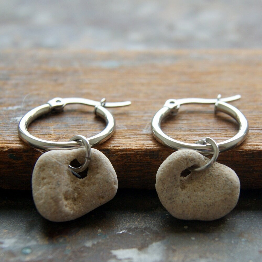 Hag Stone Earrings With Stainless Steel Hoops - Etsy