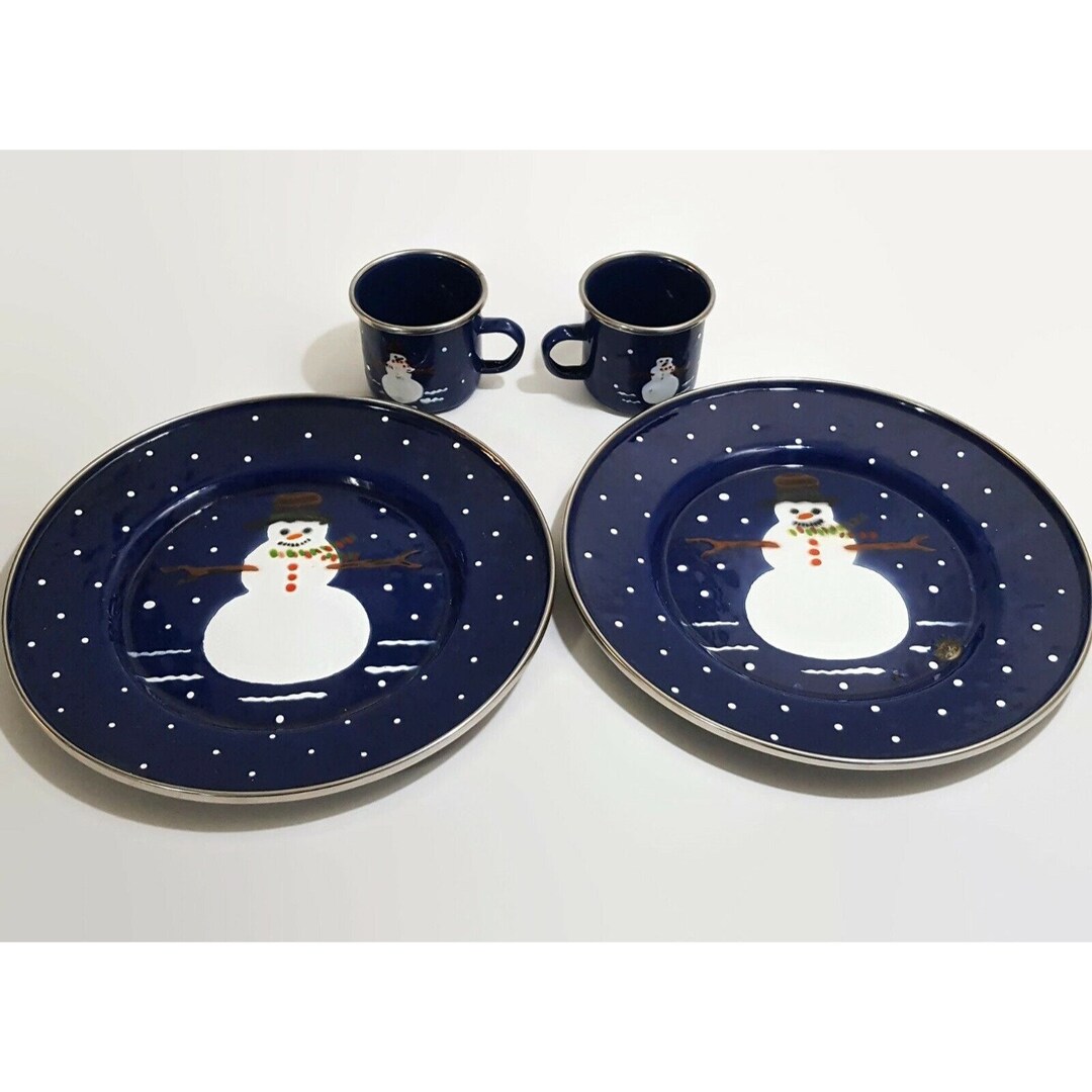 Golden Rabbit II Denise Harvey Enamelware Snowman Plates & Cups Mugs - Etsy