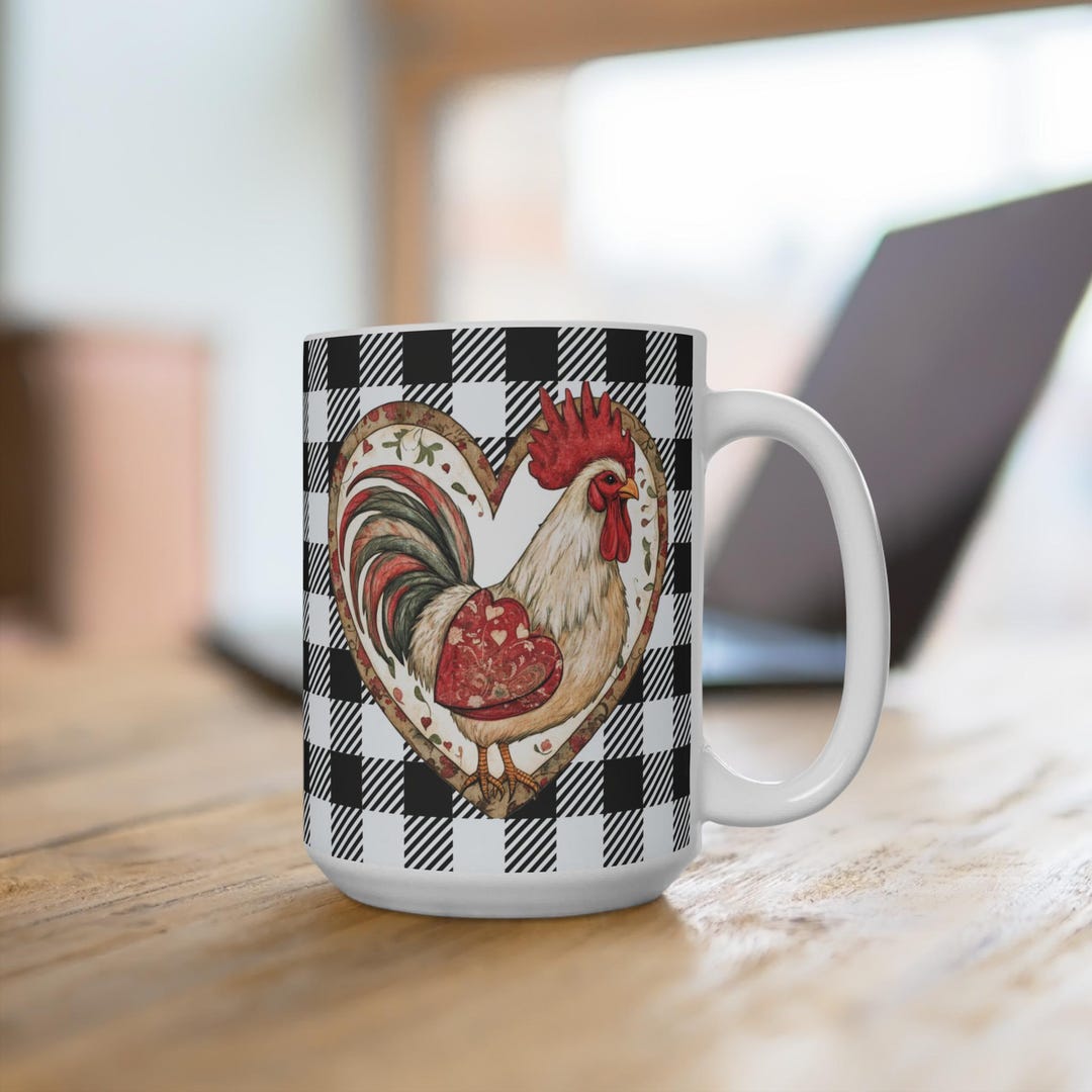 Rustic Rooster Heart Plaid Mug Country Farmhouse Coffee Cup, Animal ...