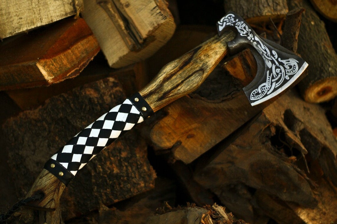Hand Forged Carbon Steel Etching Engraving Bush Craft Forest Big Axe ...