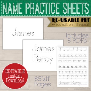 Name Writing Worksheet Set, Editable Handwriting Print Practice ...