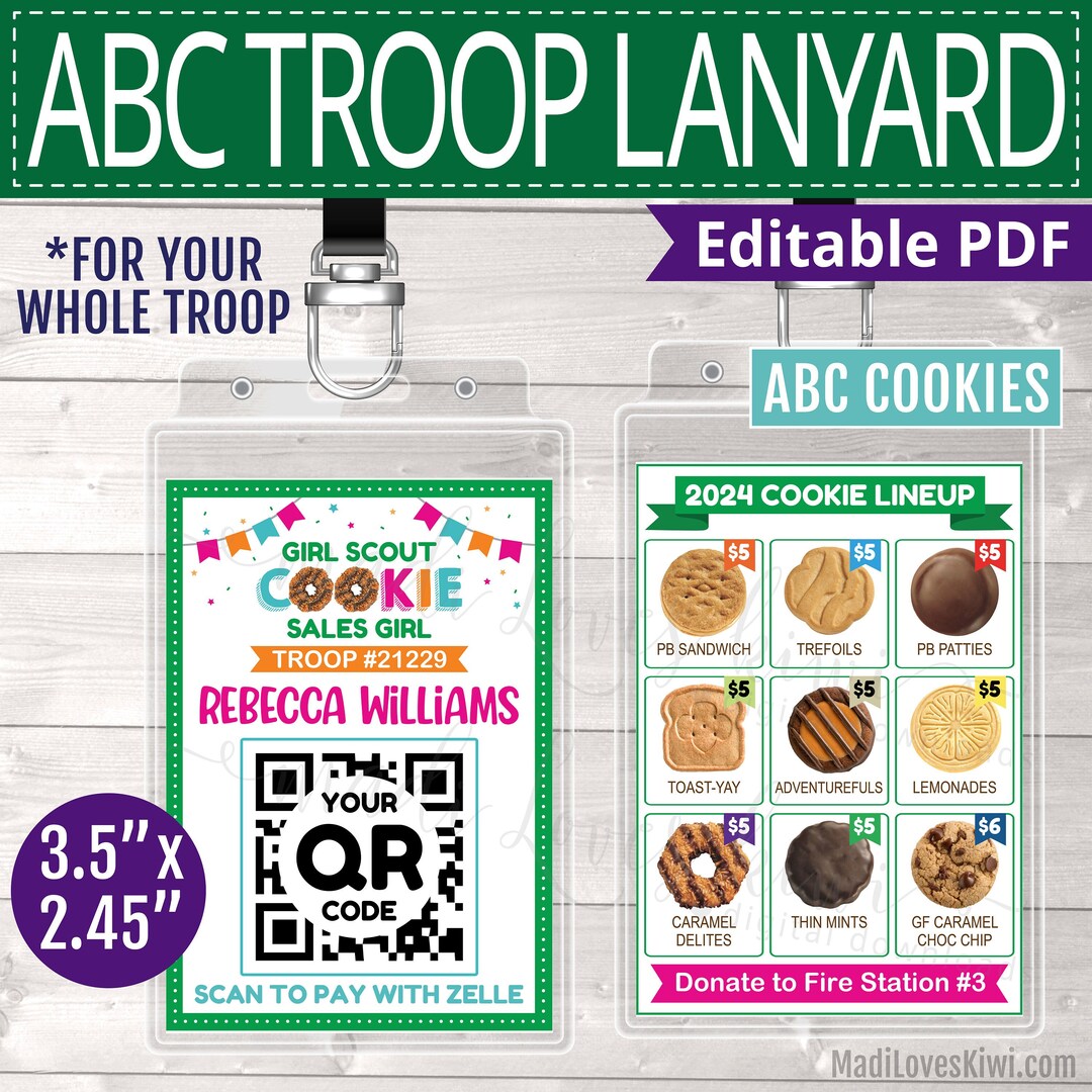 2024 Printable ABC Girl Scout Cookie Lanyard Whole TROOP USE, Editable ...