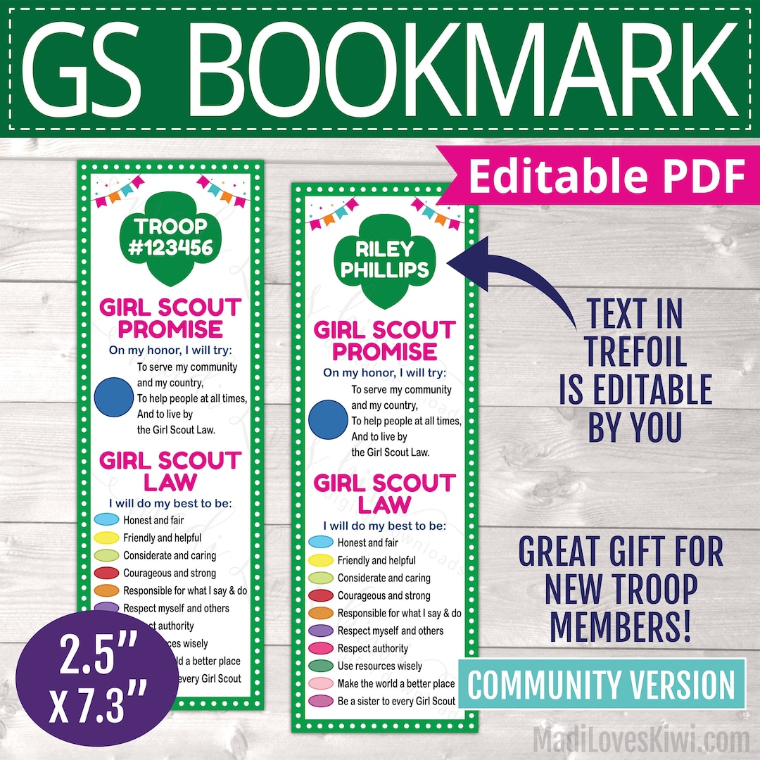 Editable Scout Bookmark With Community Promise and Law, Printable Daisy ...