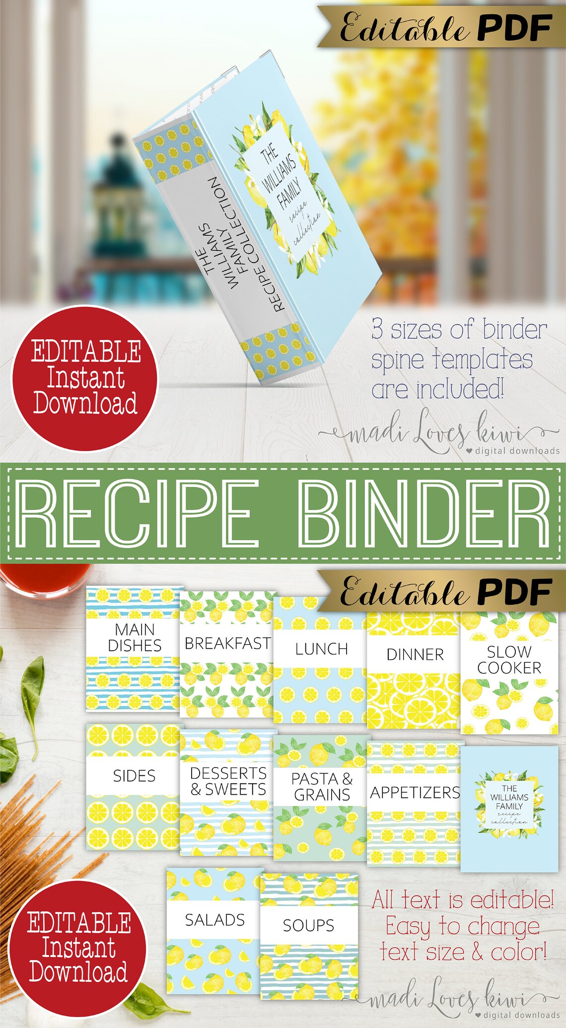 Editable Recipe Book Template Printable Lemon Binder Cover - Etsy Canada
