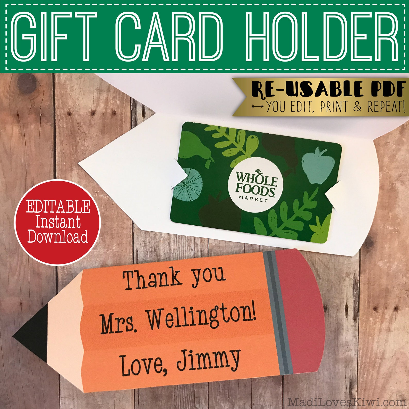 Editable Pencil Gift Card Holder for Teacher Appreciation - Etsy