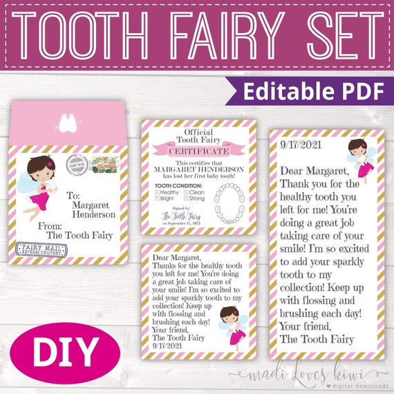 Gold & Pink Tooth Fairy Letter Printable with Envelope, Editable Lost ...