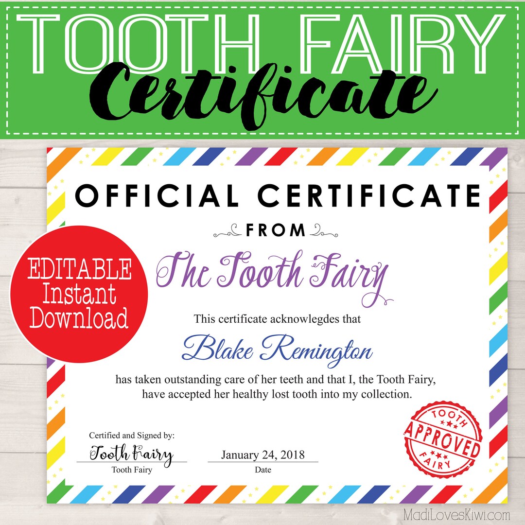 Editable Tooth Fairy Certificate Instant Download, First Lost Tooth ...