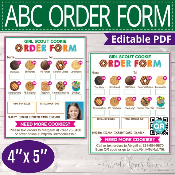 2022 ABC Girl Scout Cookie Order Form Printable, Editable Menu with QR ...