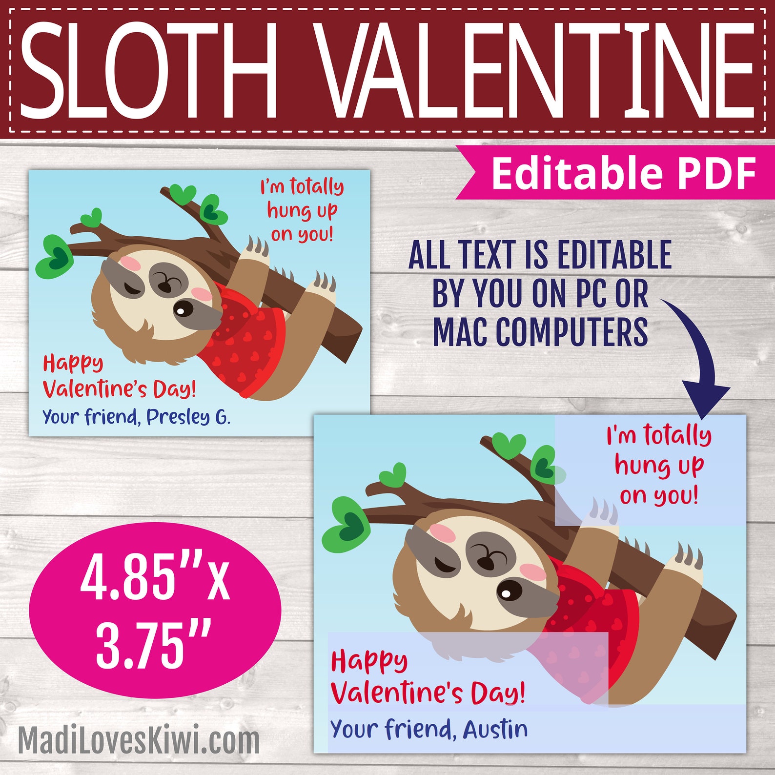 Printable Sloth Valentine Card for Class Editable Happy Heart | Etsy