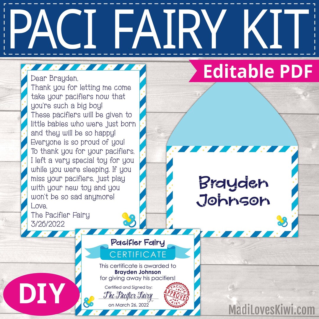 Printable Blue Pacifier Fairy Letter for Boy, Personalized Binky ...