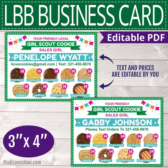 Printable 2022 LBB Girl Scout Business Card with Cookie Photo, Editable ...