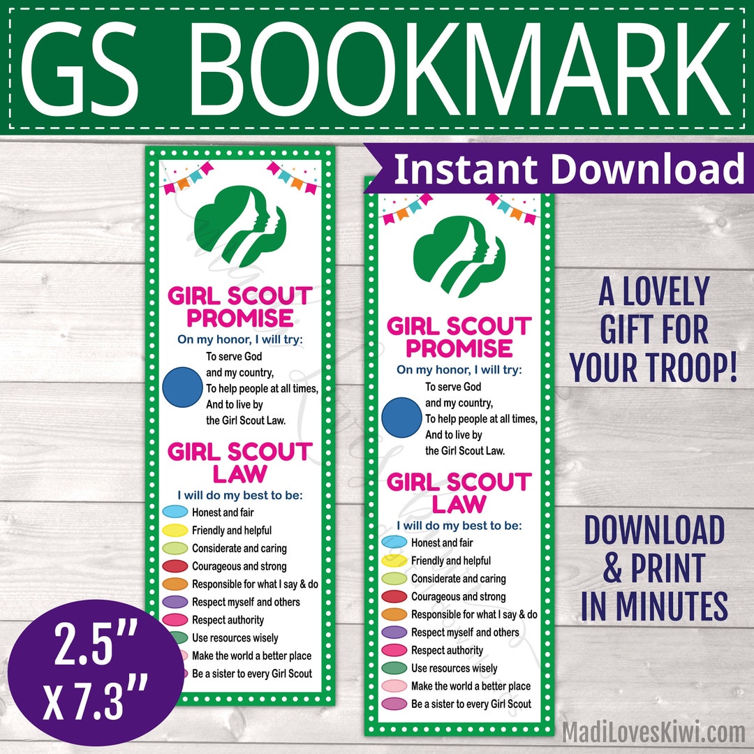 Printable Girl Scout Promise and Law Bookmark, Troop Leader Instant ...