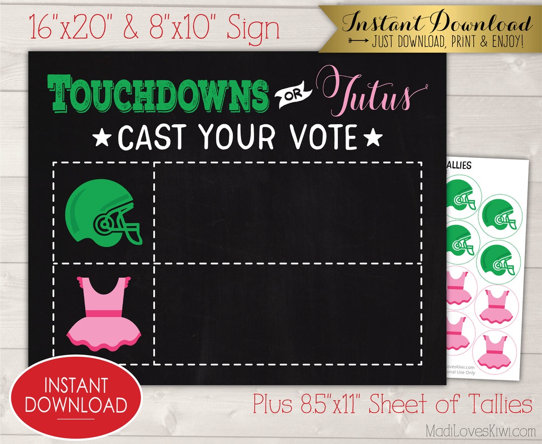 Touchdowns or Tutus Gender Reveal Voting Board, Printable Pink & Green ...