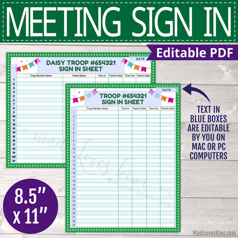 Editable Girl Scout Meeting Sign in Sheet Printable Troop - Etsy