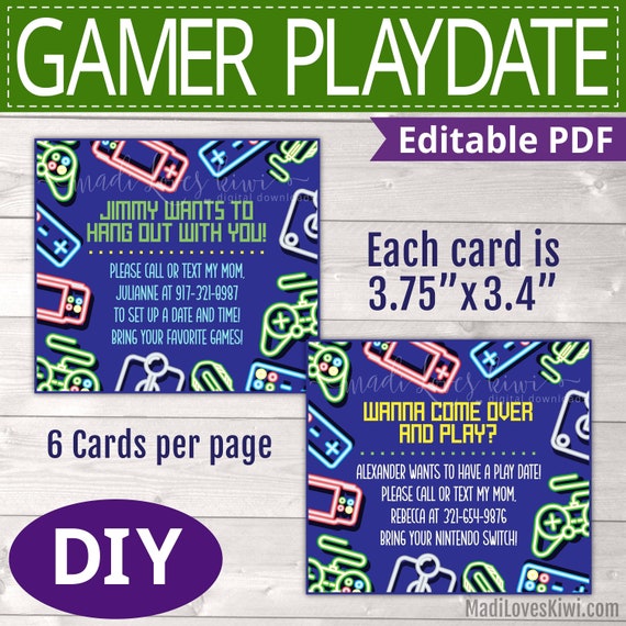 Editable Gamer Playdate Card for Kid, Printable Video Game Play Date ...