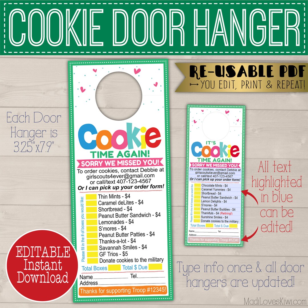EDITABLE Scout Cookie Door Hanger Printable, ABC & LBB Cookie Sales ...