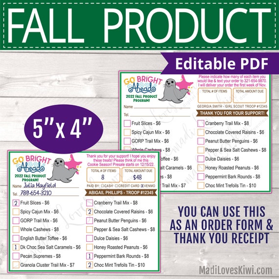 2022 Printable Girl Scout Fall Product Order Form, Editable Thank You ...