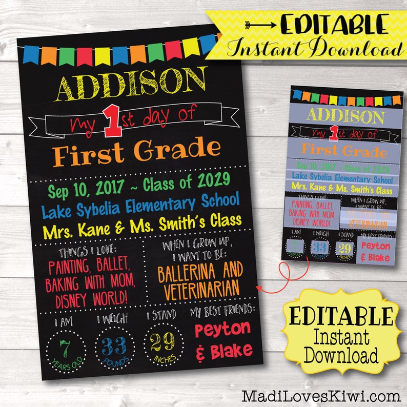 Editable First Day of School Sign Printable Back to School - Etsy