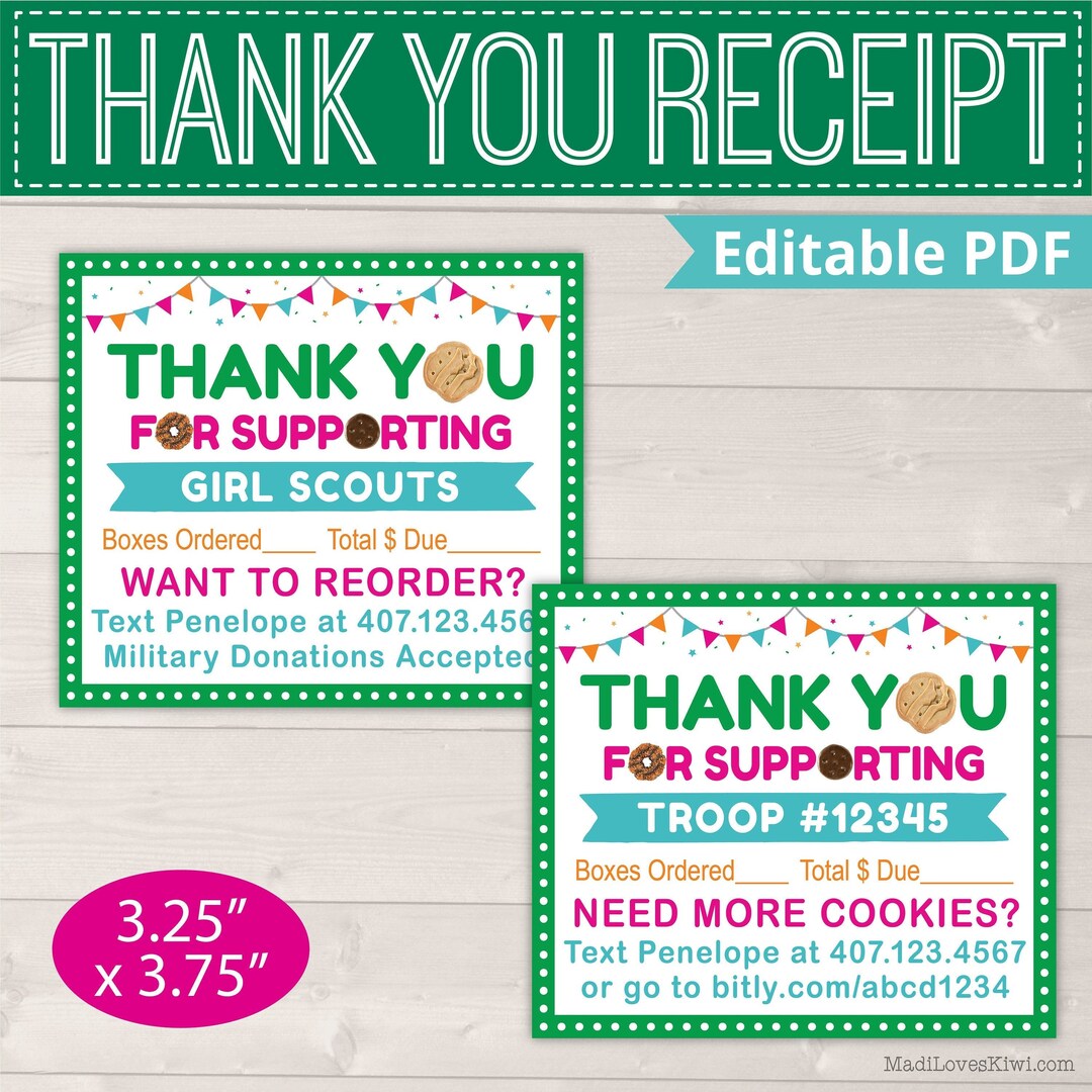 Printable Scout Cookie Thank You Card, Editable Order Receipt for Girl ...