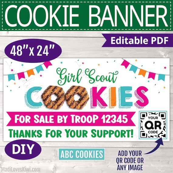 48x24 Editable Girl Scout Cookie Banner with QR Code, Printable ABC ...