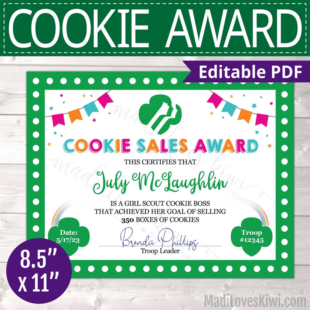Editable Scout Cookie Sales Award Certificate, Printable Girl Top ...