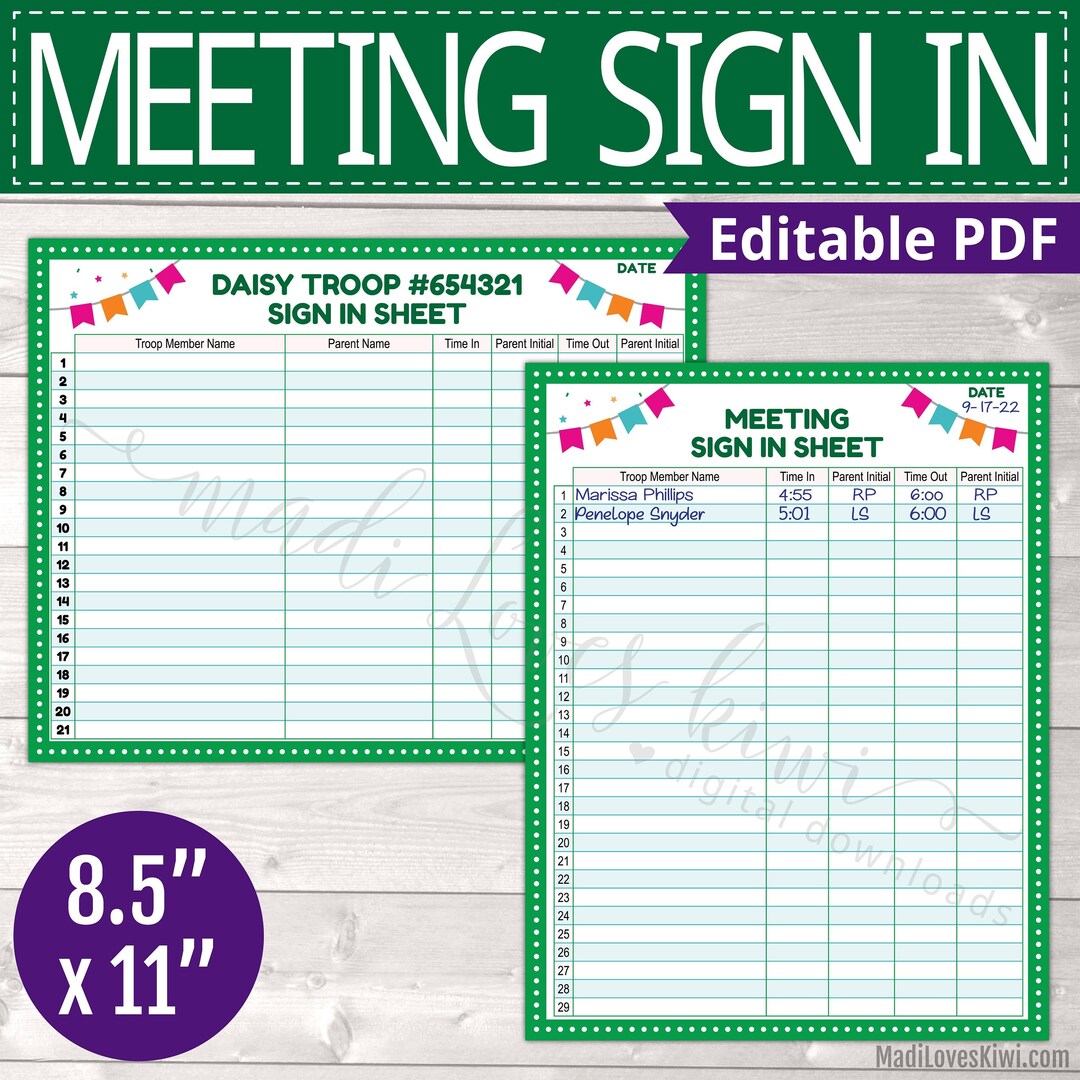 Editable Scout Meeting Sign in Sheet, Printable Girl Troop Leader ...