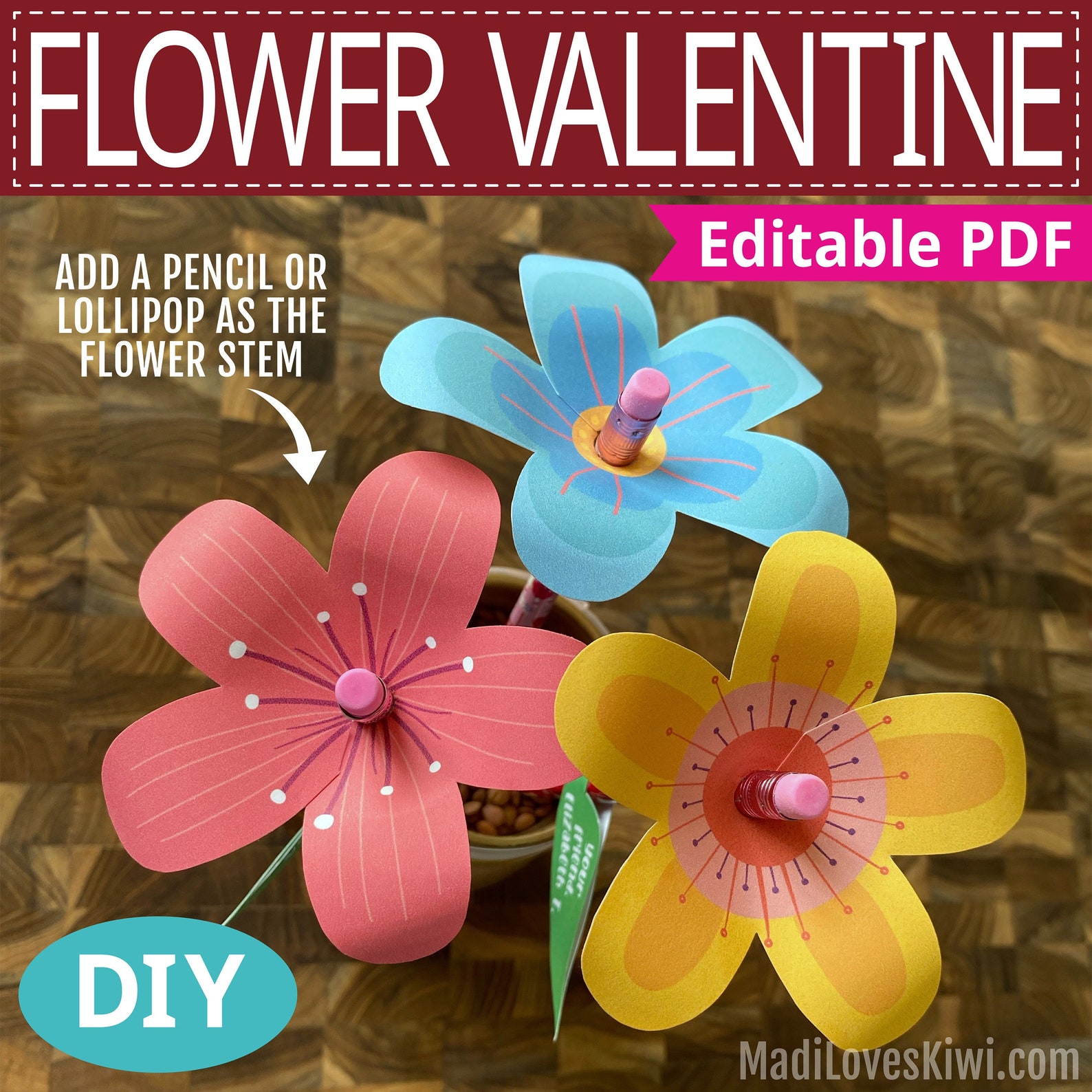 Printable Flower Valentine Card for Class Editable Happy - Etsy