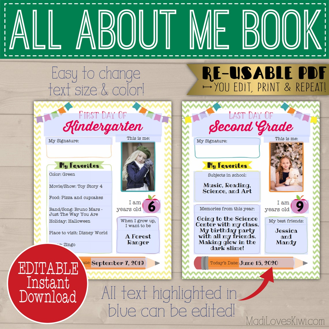 DELUXE Memory Book Kit Editable All About Me PDF Template | Etsy
