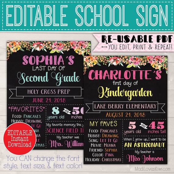 Boho First Day of School Sign Printable, Last Day Poster Digital, End ...