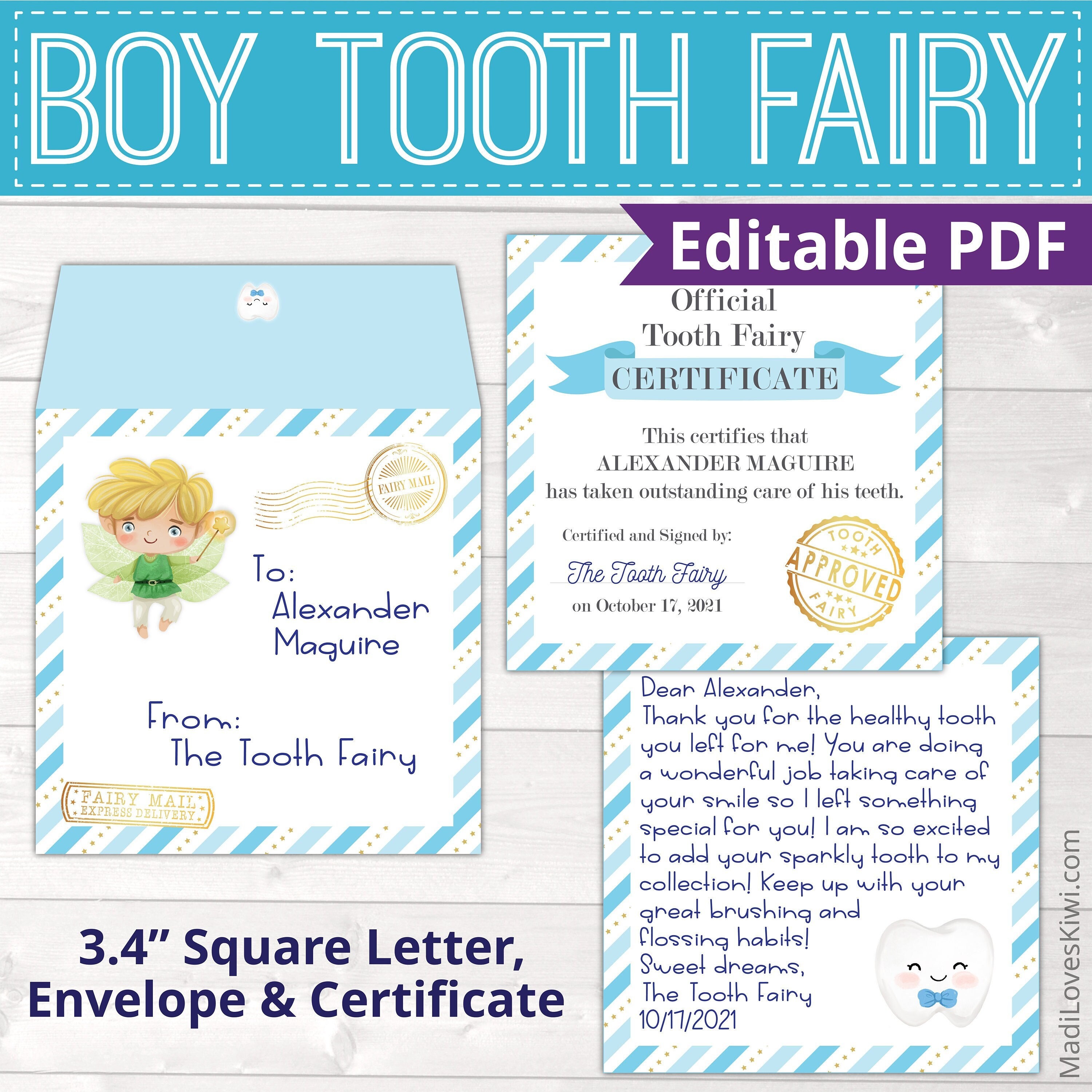 Blue Tooth Fairy Letter Printable Editable Lost Certificate PDF Template Reusable Note Idea for Boy First Card Receipt Instant Download Etsy