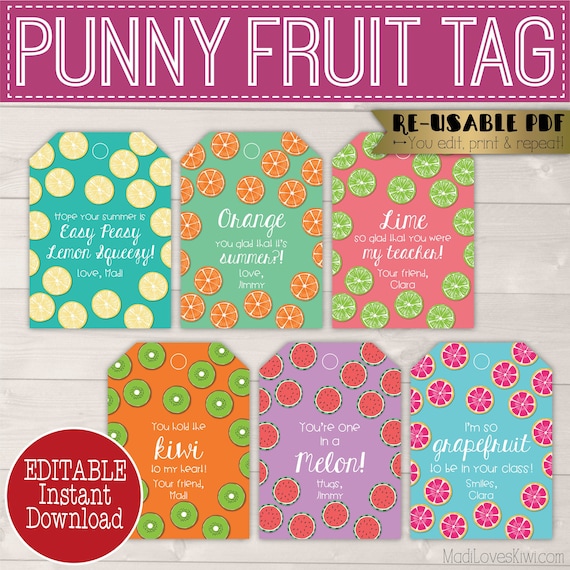Printable Fruit Gift Tag Instant Download, Editable End of Year Teacher ...